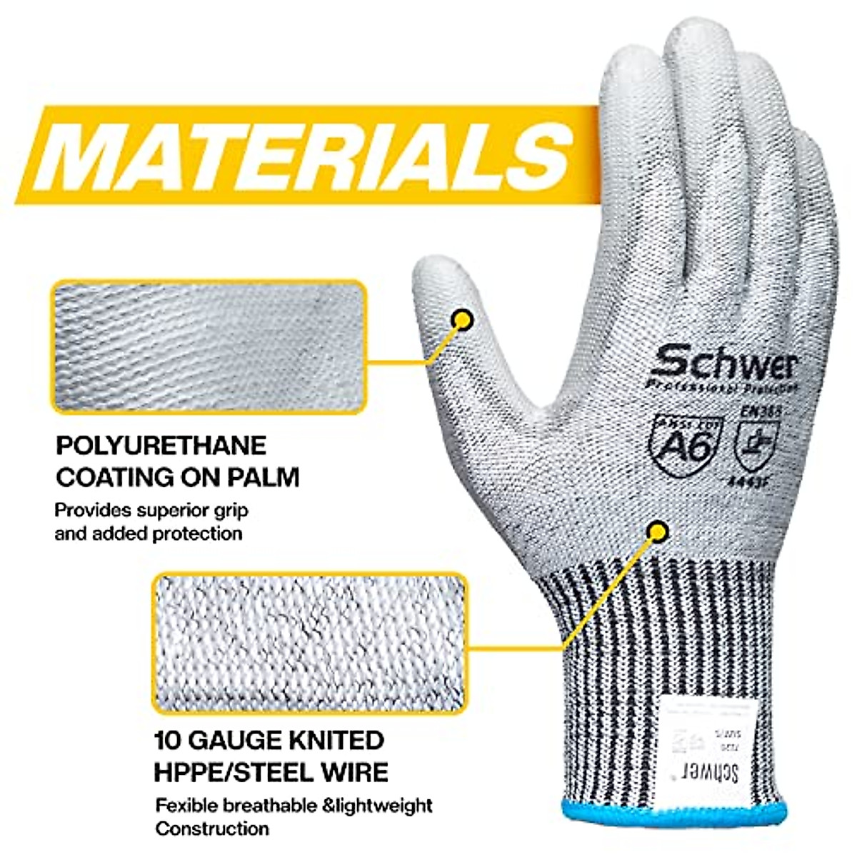 Schwer 6 Pairs Cut Resistant Gloves ANSI A6 Cut Proof Work Gloves, Touchscreen, for Men and Women Used to Woodworking, Glass Cutting, Construction, Cargo Handling, Material Sorting, Car Repair（M）