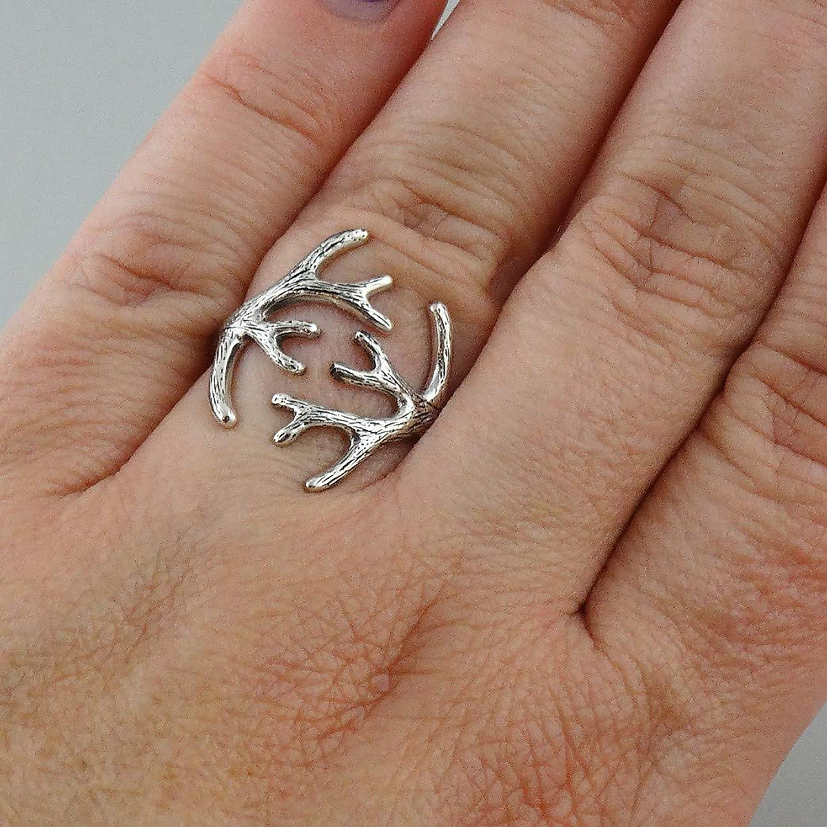 FashionJunkie4Life Sterling Silver Adjustable Textured Antler Ring, One Size, Deer Elk Moose Hunting
