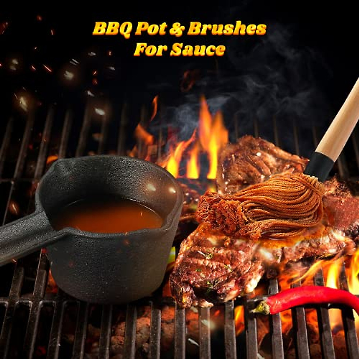 Cast Iron Sauce Pot and BBQ Mop Brush Set for Grilling, 7 Pcs Barbecue Accessories include 24 oz Heat Preservation Heavy Basting Melting Pot, 2Pcs Wooden Long Handle Sauce Mops and 4Pcs Replacements