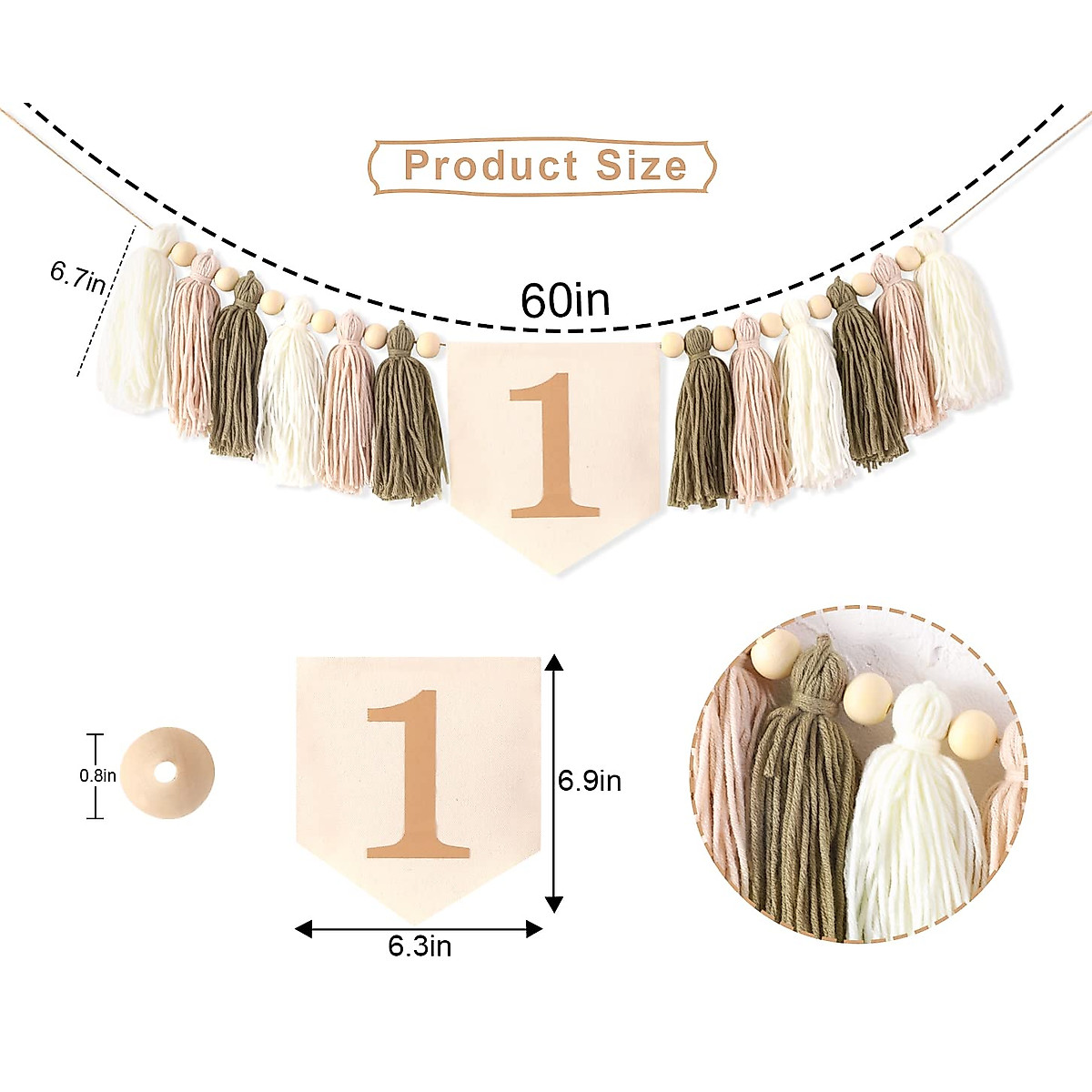 Boho 1st high chair banner - Wood Bead Tassel Garland,Boho birthday decor,Yarn tassel garland,Cake Smash Backdrop Banner,Birthday High Chair Yarn Tassel Banner,Girl's boho birthday,Baby Nursery Decor