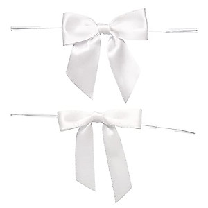 Rainbow Pana 120 Pack Twist Tie Bows for Treat Bags 2.5" White Satin Ribbon Bows for Package Craft Gift Wrapping Decoration