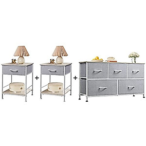 WLIVE 1-Drawer Nightstand and 5-Drawer Dresser Set, Fabric Storage Tower for Bedroom, Hallway, Nursery, Closets, Tall Chest Organizer Unit with Textured Print Fabric Bins, Steel Frame