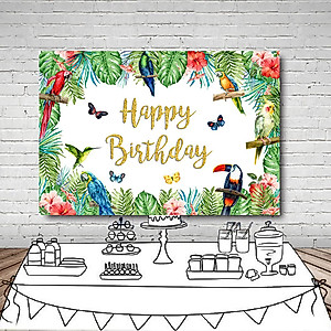 MEHOFOND 7x5ft Tropical Bird Birthday Backdrop Summer Toucan Palm Leaves Gold Glitter Happy Birthday Banner Photography Background Parrot Hummingbird Luau Decoration Photobooth Props