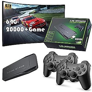 Wireless Retro Game Console, Retro Game Stick, Plug and Play Video Game Stick Built in 10000+ Games, 4K HDMI Output, 9 Classic Emulators, with 2.4G Wireless 2 Controllers(64G)