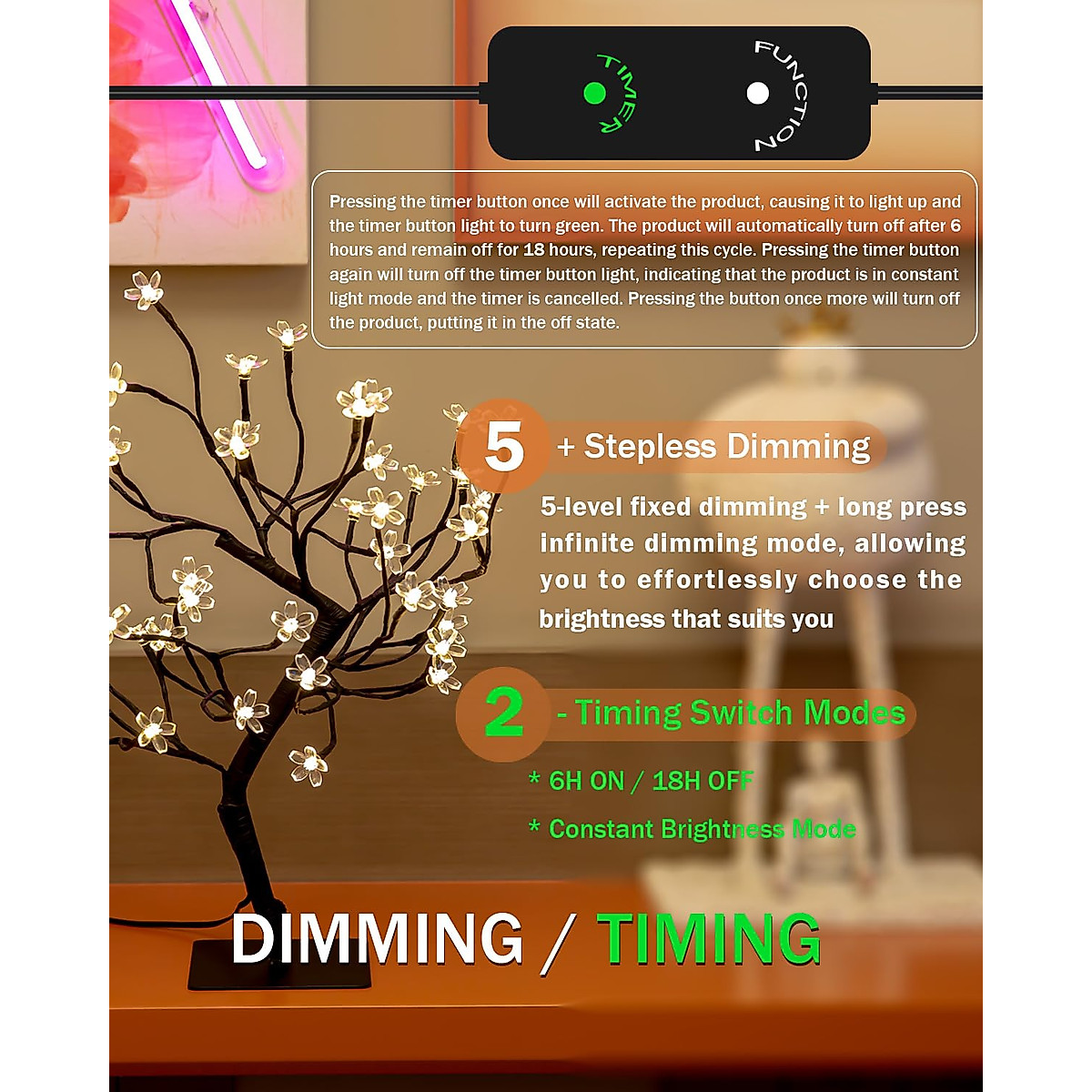 Tybeeu 20 Inch Cherry Blossom Bonsai Tree, 40 LED Warm White Lights, with 24V UL Listed Adapter and Metal Base, Ideal as Night Lights, Standard Version