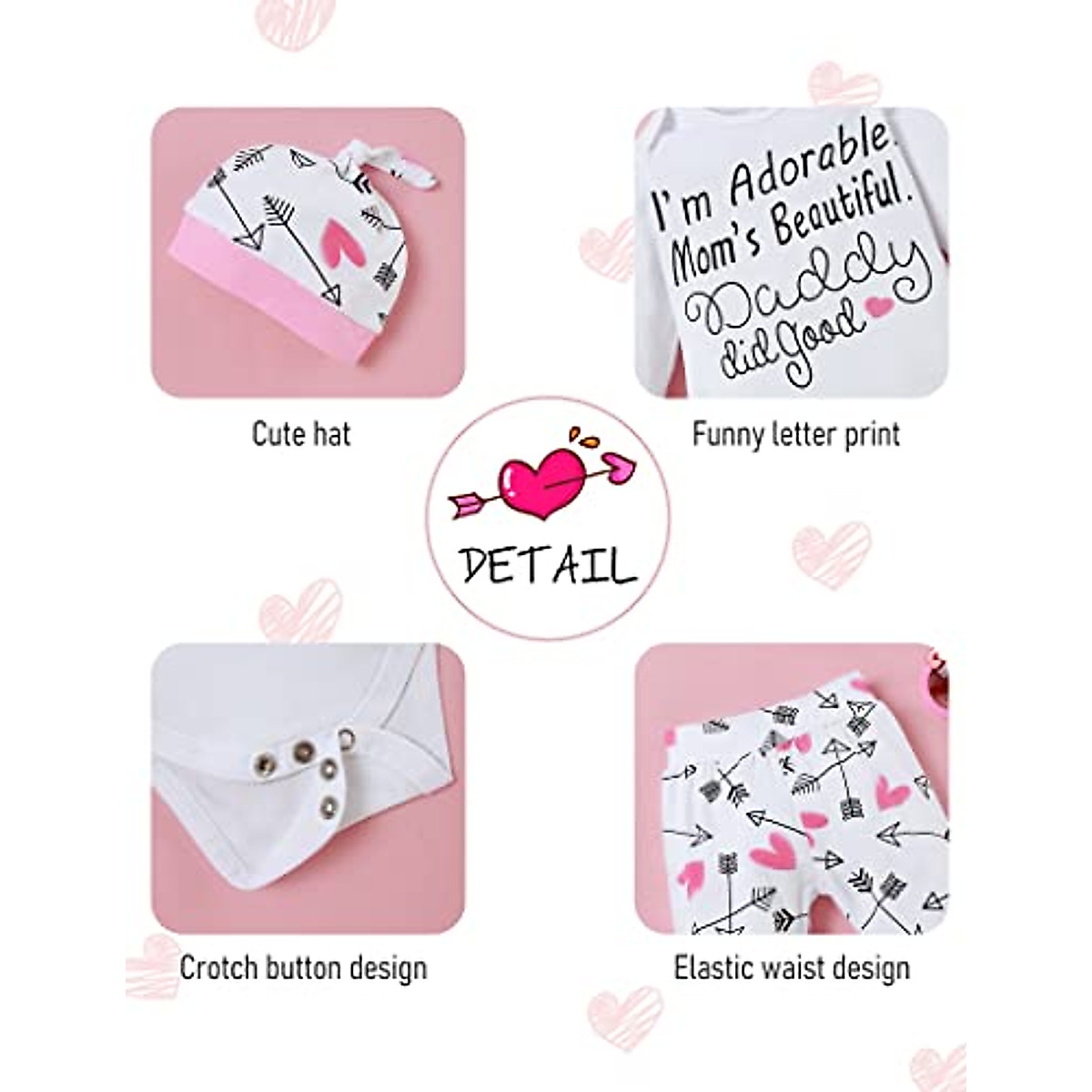 SEYOUAG Baby Girl Clothes Cute Mommy Letter Romper Arrow Heart Pants Newborn Girls Outfits Fall Winter Clothes Set (Adorable Pink, 0-3 Months)