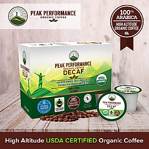 Peak Performance Organic Decaf Coffee Pods - High Altitude USDA Organic Decaf Coffee. High Mental Performance Coffee. Fair Trade, Low Acid Beans Medium Roast Single Serve Decaffeinated. 24 Count Cups