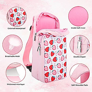FANPL Carrying Case for Nintendo Switch/OLED/ Lite Travel Bag, Pink Shoulder Backpack Set with Game Case and Thumb Grip Caps, Switch Accessories Portable Crossbody Bag with Strawberry for Girls