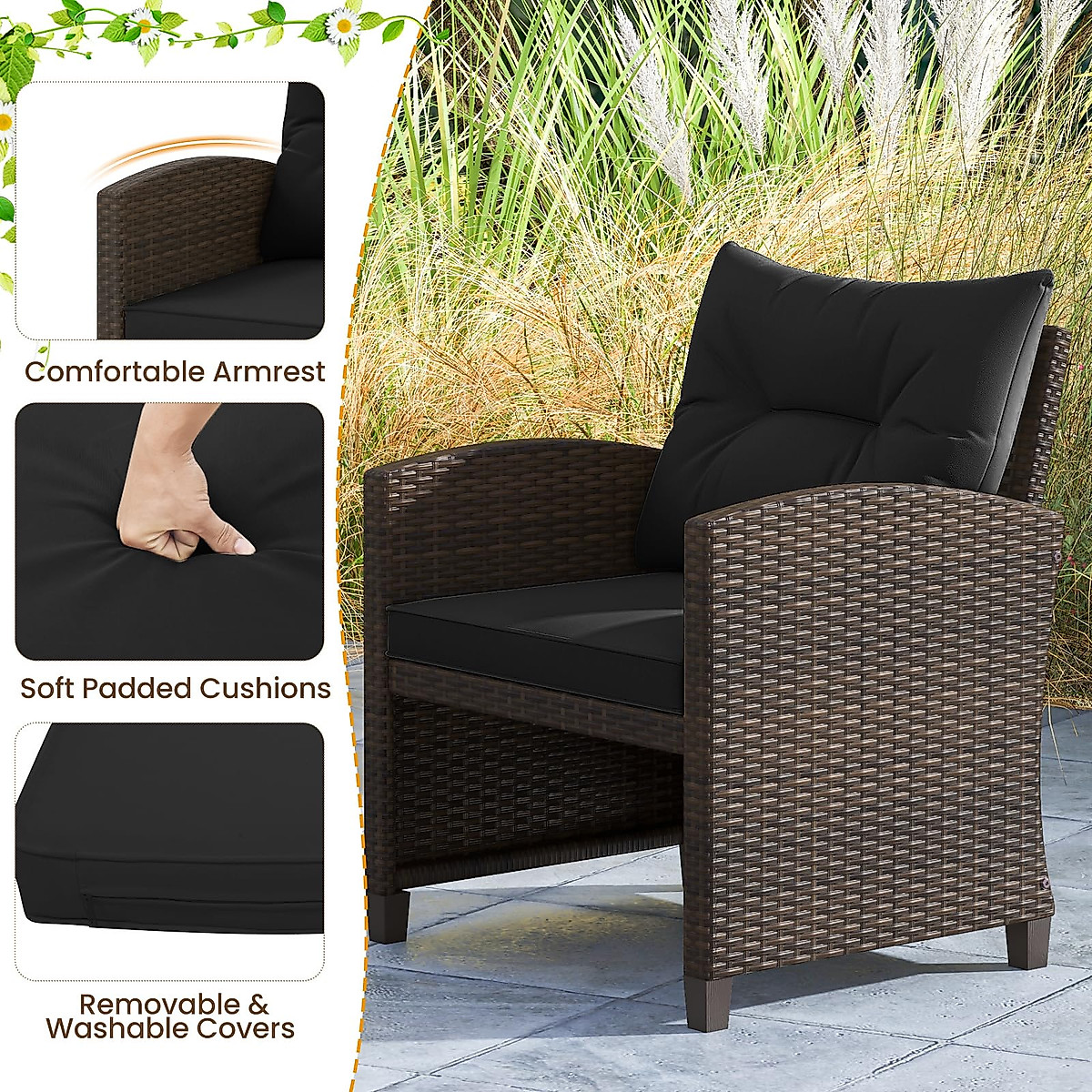 ORALNER 5 Pieces Patio Furniture Set with Ottoman, Wicker Conversation Set w/Cushions, Glass Coffee Table, Outdoor Rattan Lounger Chairs Bistro Set for Porch Balcony Garden Deck Poolside (Black)