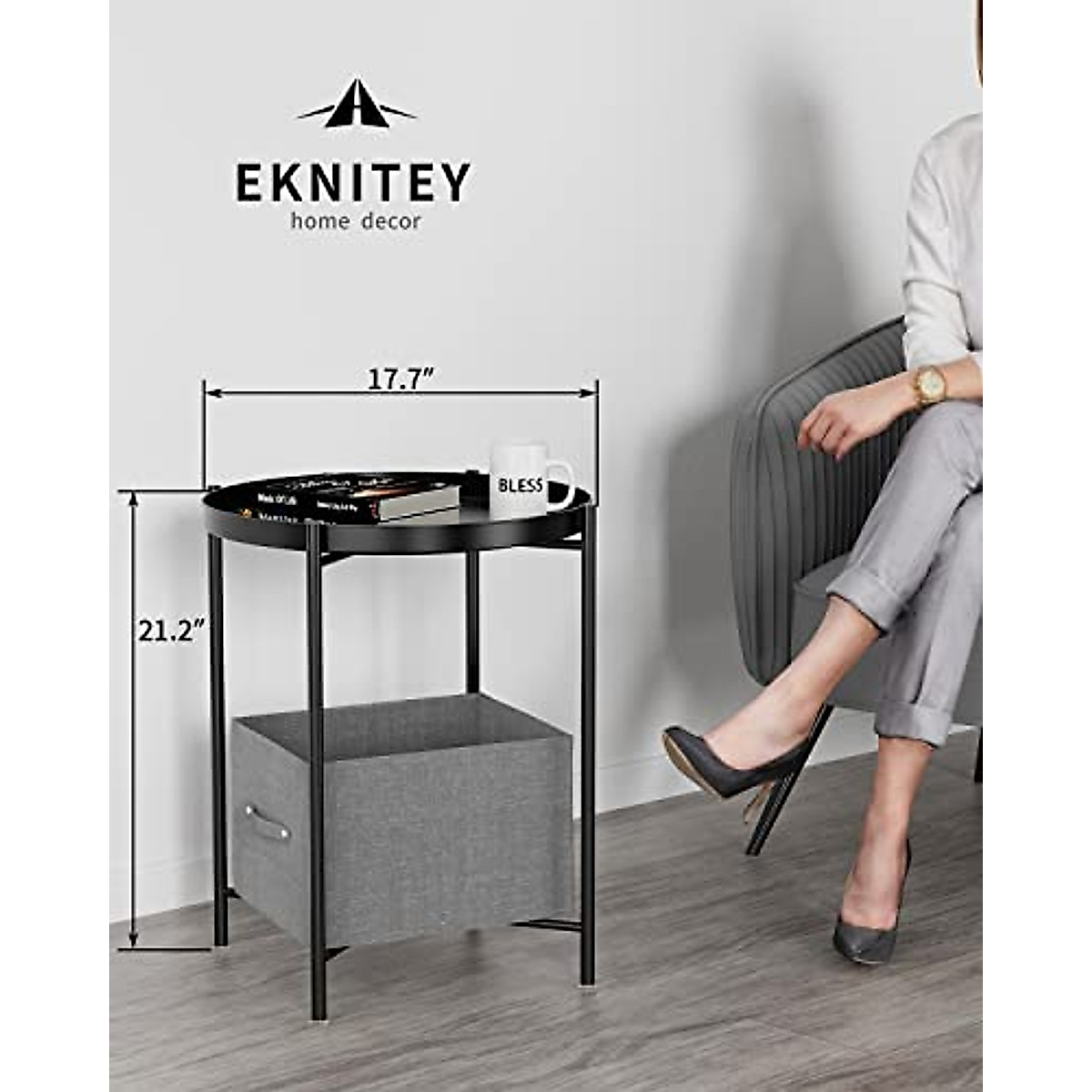 EKNITEY End Table,Folding Metal Side Table Waterproof Small Coffee Table Sofa Side Table with Removable Tray for Living Room Bedroom Balcony and Office