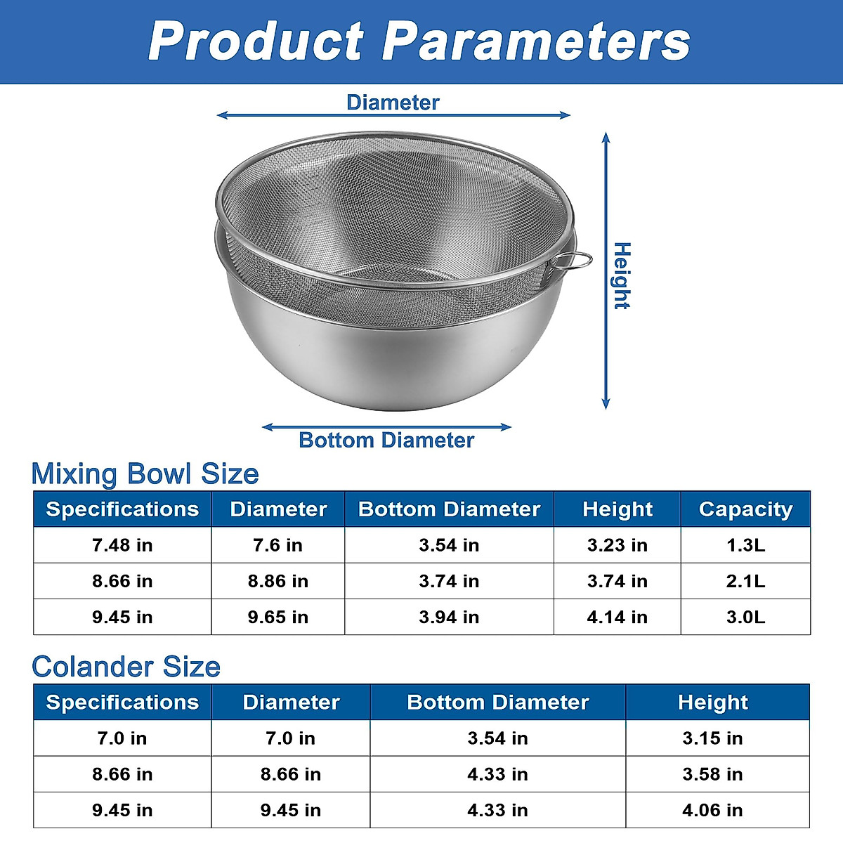 6 pcs Stainless Steel Colander Set with 1.2Qt 2Qt and 3Qt Capacity,Stainless Steel Strainer with Metal Mixing Bowls,Colander Stainless Steel for Kitchen Drain Pasta Rice Fruit Vegetable Washing,Silver