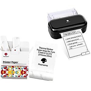 Phomemo M03 Pocket Printer- Portable Printer Photo Printer with 3 Roll 3 Inch Black on White, 77mm x 3.5m, 3 Inch X 11.5 ft, Compatible with iOS + Android for Photos, Journalist, Work, Plan-Black