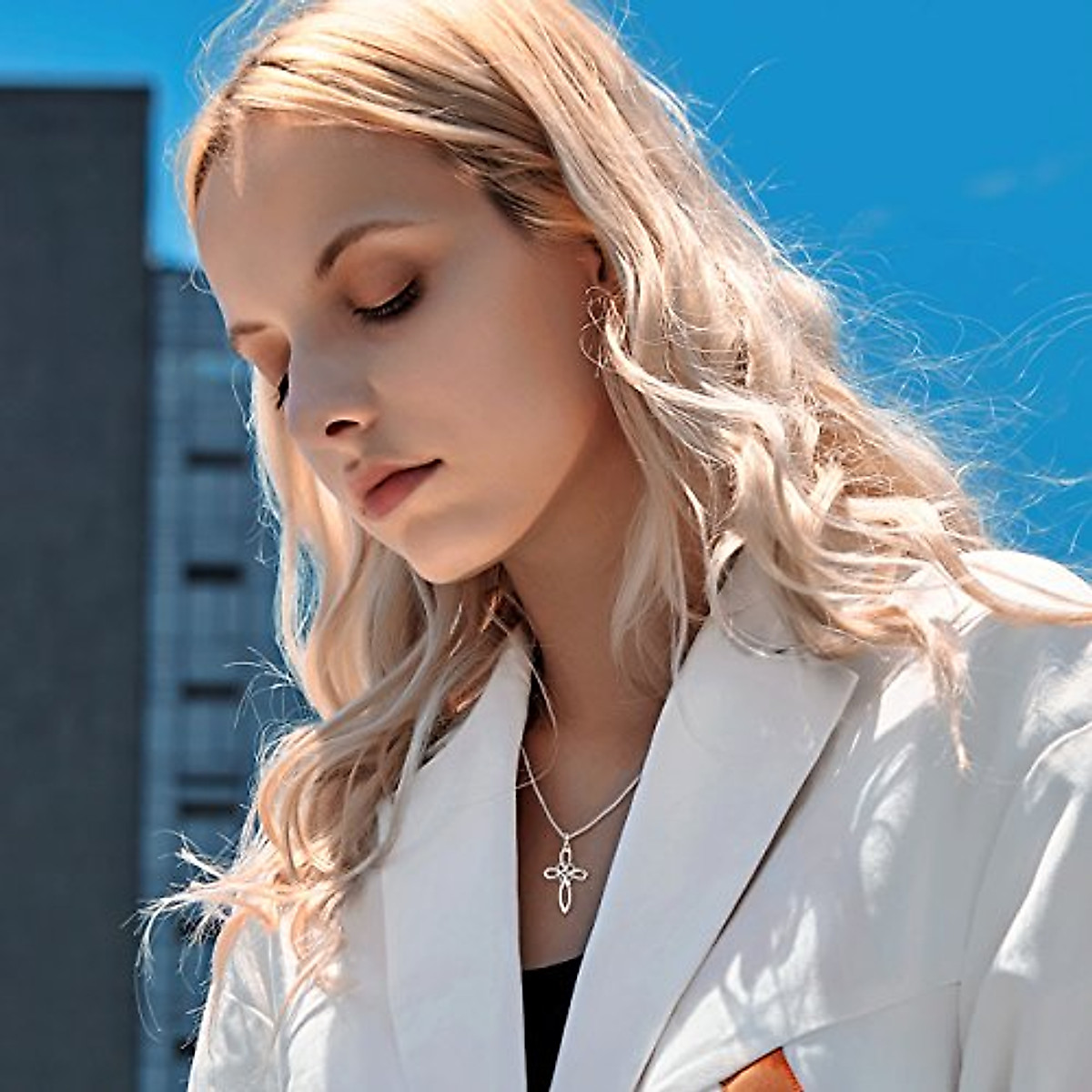 YFN Celtic Knot Cross Necklace 18k White Gold Tone Sterling Silver Infinity Love Heart Pendant Necklace 20" for Women