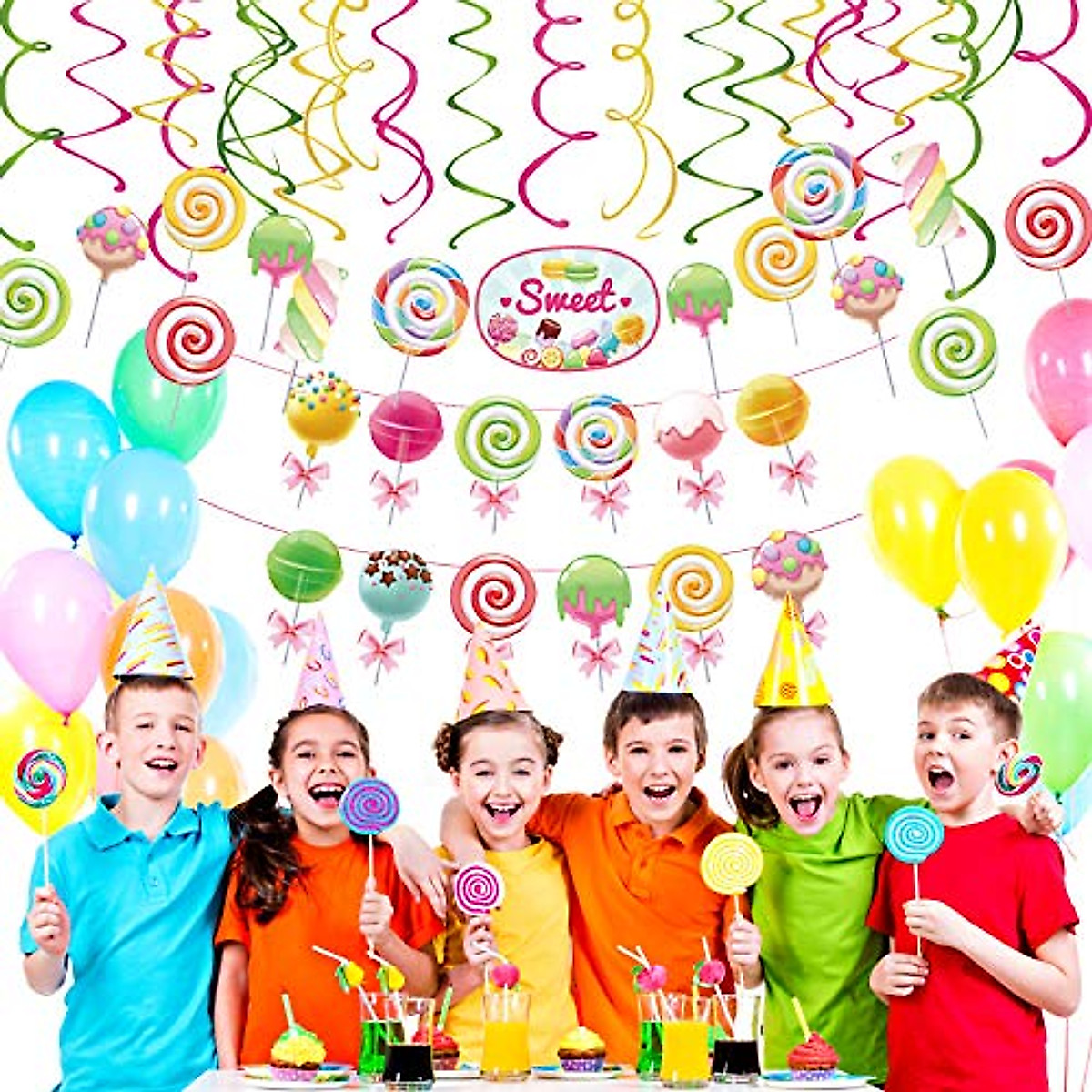 Candy Party Decorations-Candy Cutouts Lollipop Hanging Swirls & Banner, CandyLand Party Decor for Girls Kids Birthday Baby Shower 1st 3st Birthday Home Classroom Event Sweet Shop Party Supplies