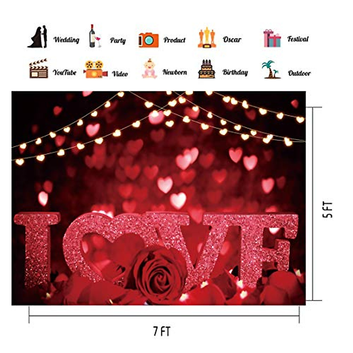 CHAIYA 7x5ft Valentine's Day Backdrops Love Heart Backdrop for Photography Rose Flower Party Decoration for Wedding, Valentine, Mother's Day Backdrops CY-101…