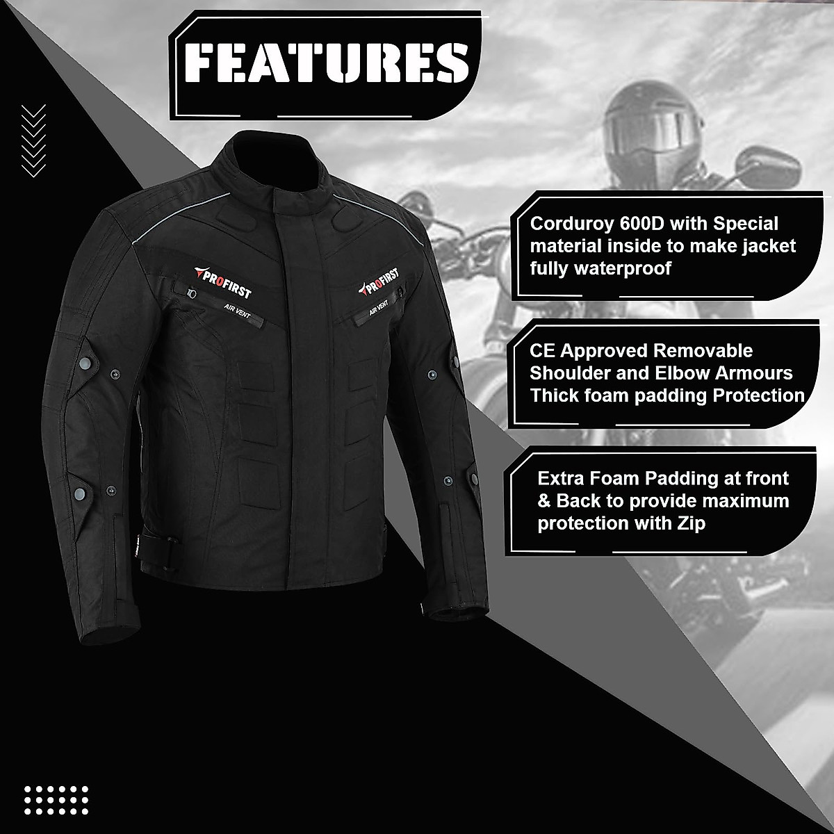 PROFIRST Motorbike Men’s Riding Jacket Motorcycle Jacket for Men Waterproof Jacket CE Armored Protection Black X-Large