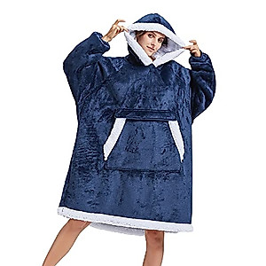 Ashago Wearable Blanket Hoodie for Adult Oversized Sherpa Blanket Sweatshirt Hoodie with Sleeves and Giant Pocket Gifts for Women Men（Blue）