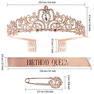 "BIRTHDAY QUEEN" Sash and Rhinestone Tiara Set, Birthday Tiara Crown Glitter Crystal Glitter Headband Hair Accessories for Girls Women Birthday Decorations Kit, Party Favors (Rose Gold)
