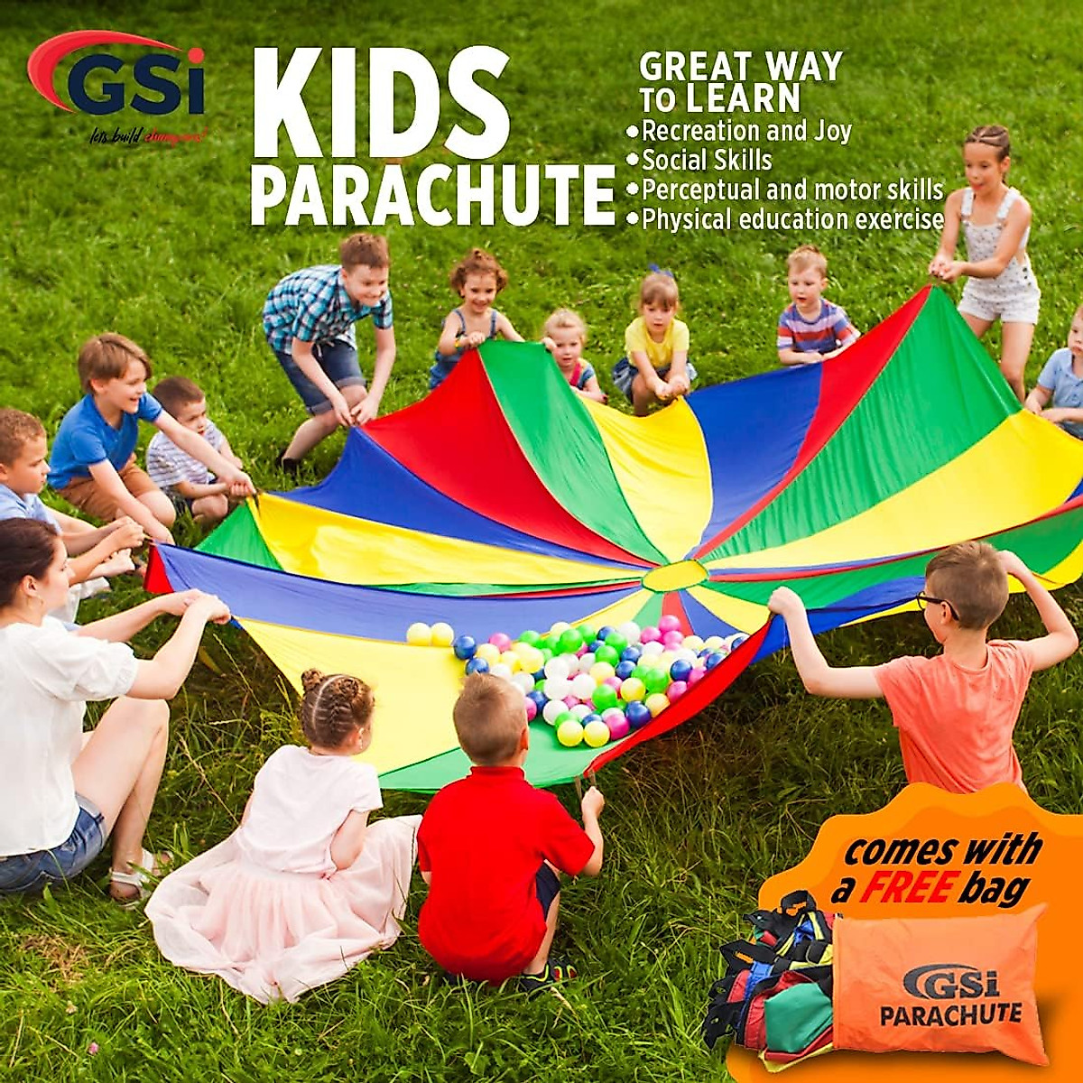 GSi Kids Play Parachute 24 Ft, 30Ft, 35Ft Toy with Handles and Carry Bag for Cooperative Play and for Upper-Body Strength | Multi-Colored