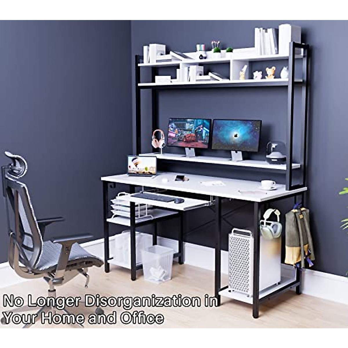 Computer Desk with Hutch Bookshelves, Storage Shelves, Keyboard Tray, Home Office Study Work Desk 53 inch Width, 70 inch High