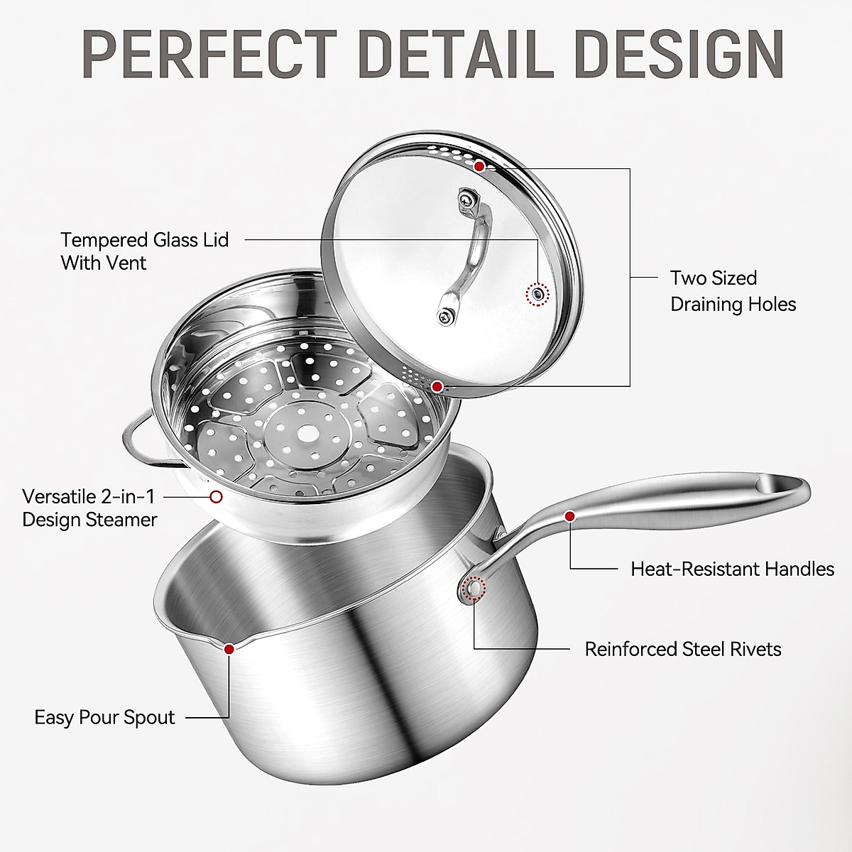 Buttermelt Pots and Pans Set- Tri-ply Full Body Stainless Steel Cookware Set, 3.5QT Saucepan with Steamer Basket & 7 Inch Frying Pan Skillet, Pots and Pans for Boiling Gravies, Pasta, Noodles, Omelet