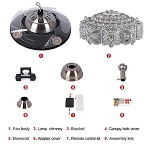 Clody 42''Luxury Crystal Fandelier Ceiling Fan with Lights Modern Chandelier Ceiling Fans with 3 Color LED Panel 3 Speed Quiet Motor Retractable and Reversible Blades Fan for Indoor