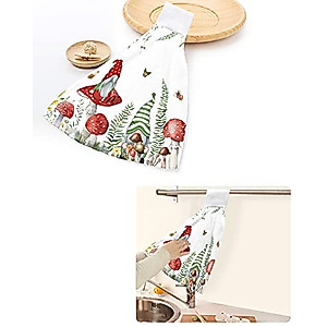 Mushroom Gnomes Hanging Kitchen Towels Set of 1, Hand Towels with Loops, Spring Floral Teal Botanical Water Absorbent Dish Cloth Tie Towels Tea Bar Towels Hand Towels for Bathroom