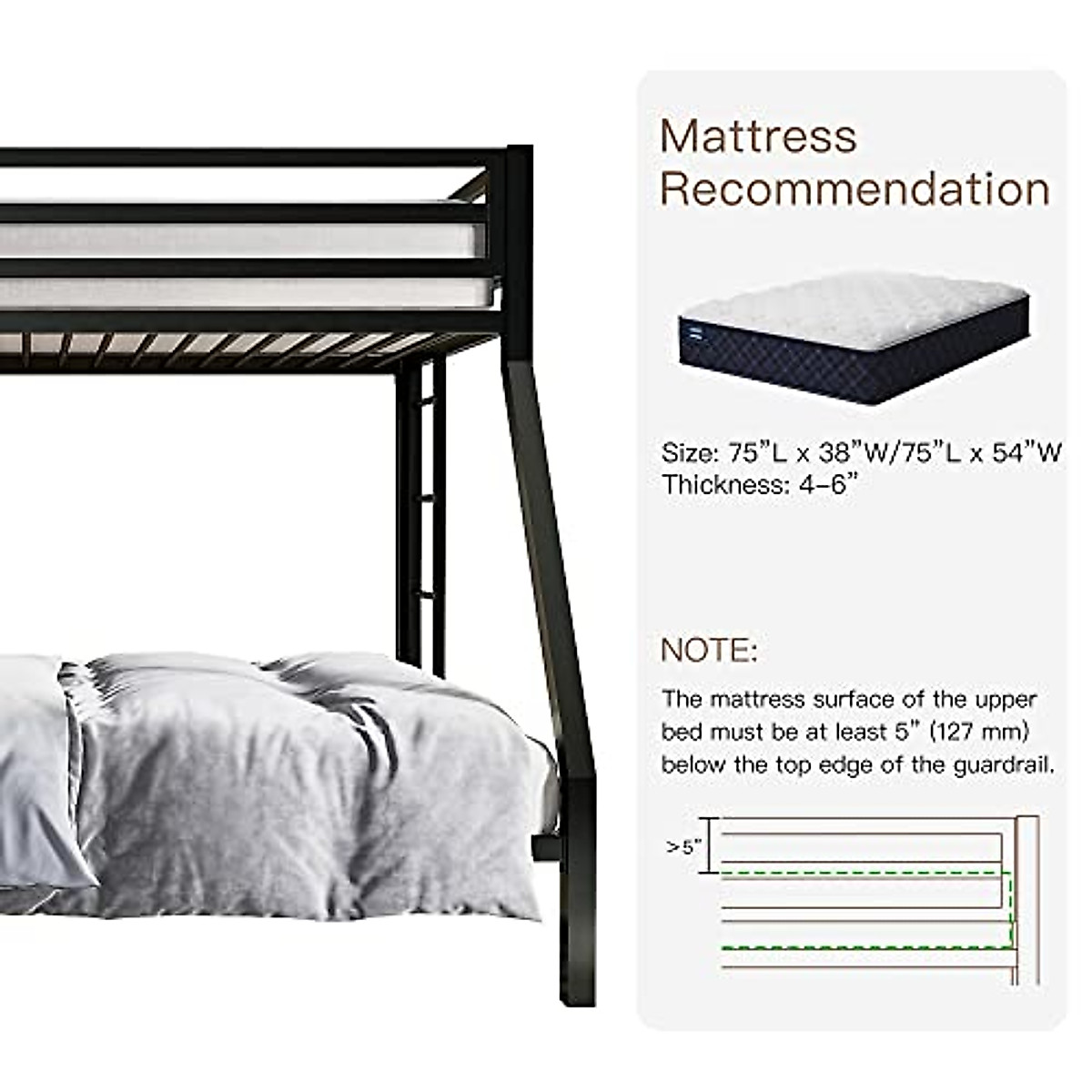 ikalido Metal Bunk Bed, Twin Over Full Size Beds with Sturdy Guard Rail & Removable Ladder, Space-Saving/Noise-Free/Matte Black
