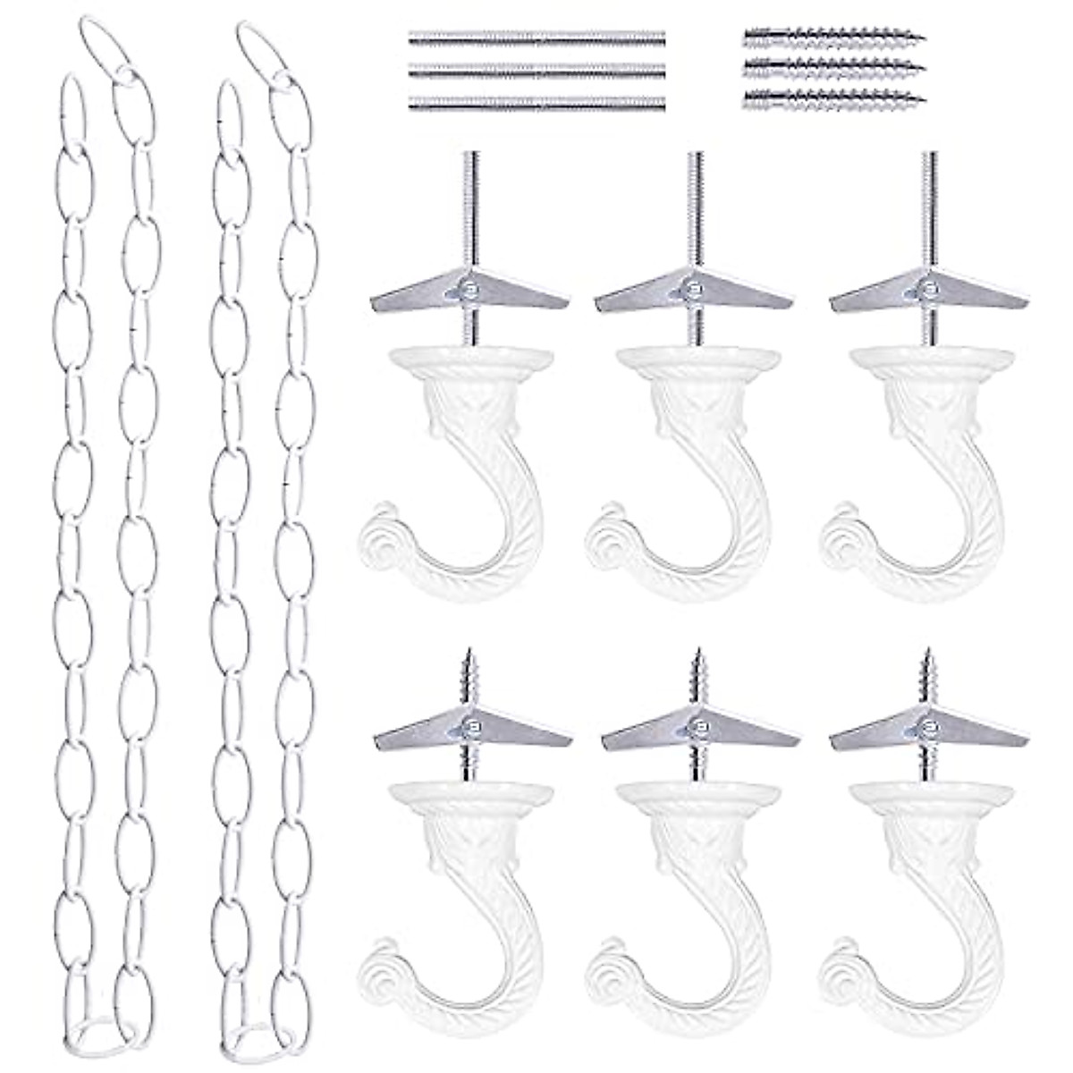 Mardatt 6 Sets White Ceiling Hanging Hook with Chains Swag Hook Kit, 1.5 Inch Swag Hooks with Hardware and 36 Inch Extension Chains for Hanging Plants Lanterns Baskets Indoor or Outdoor