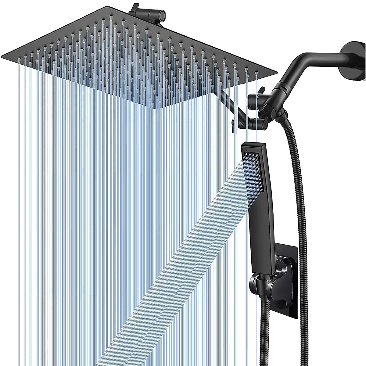 BELLEARLY All Metal 12'' Rain/Rainfall Shower Head with Handheld Spray Combo, High Pressure Square Shower Head with 13'' Extension Arm, Dual Black Shower Heads with 78'' Hose, Waterfall Showerhead