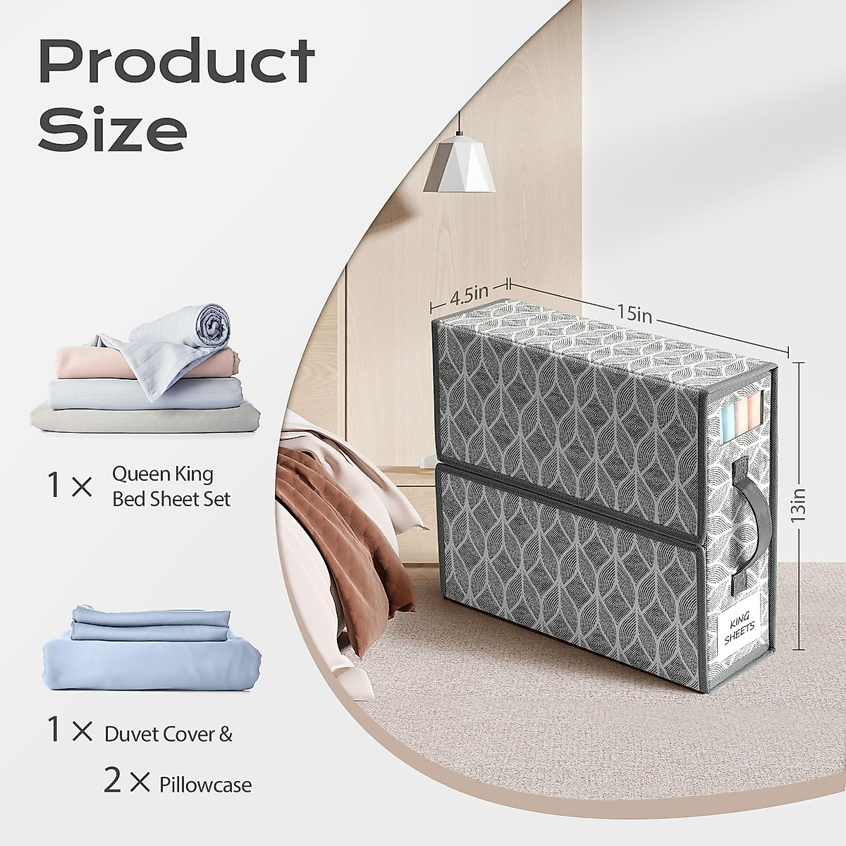 Yecaye 4 Pack Sheet Organizers and Storage, Bed Sheet Organizer for Linen Closet, Foldable Sheet Set Organizer with Clear Window and Label (Queen & King Size), Bedding Storage Box Container, Grey