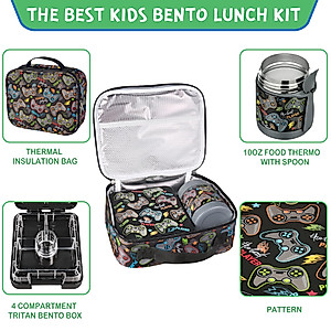Pawtong Bento Lunch Box Set With 10oz Soup Thermo, Leak-proof Lunch Containers with 4 Compartment, Kids Hot Thermo Food Jar/Insulation Lunch Bag, Food Containers for School (Black-Games)