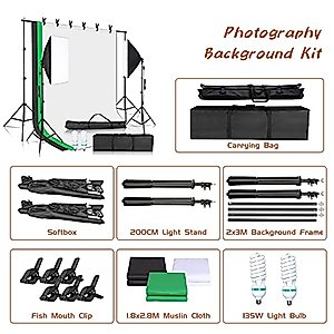 Walk Fly 7x10FT Muslin Backdrop Screen Kit, Photography Continuous Lighting and Collapsible Backdrop Stand Set, Background Support System with 20" x 27" Softbox Light for Photo Video Studio Shooting