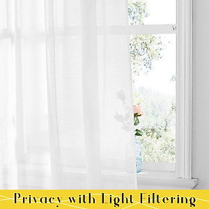 NICETOWN White Linen Sheer Curtains 84 inch Long 2 Panels, Adjustable Tie Top DIY Crafted Flax Semi Sheer Privacy with Light Filtering Vertical Drapes for Bedroom/Living Room, W52 x L84