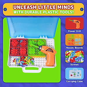 Drill & Play Building Toy Set Creative Educational with Real Toy Drill - STEM Construction Game Mosaic Design Building Toys Tool Kit for Kids and Toddlers
