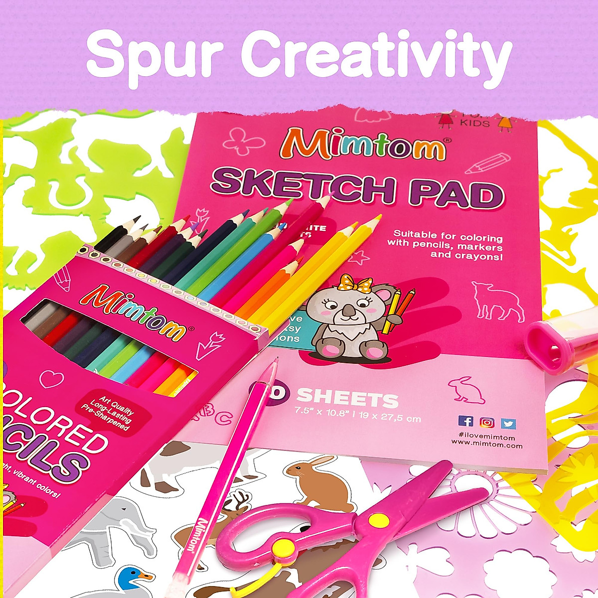 Mimtom Drawing Stencil Kit for Kids, 51 PC Art Set with 270+ Shapes, Sketch Pad, and Colored Pencils for Child's DIY Arts and Crafts, Draw with Princess, Fairies and Animal Stencils, Pink