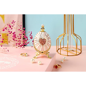 Furuida Pink Easter Egg Shape Jewelry Trinket Boxes Hinged with Love Shape Rhinestones Enamel Craft Gift for Women