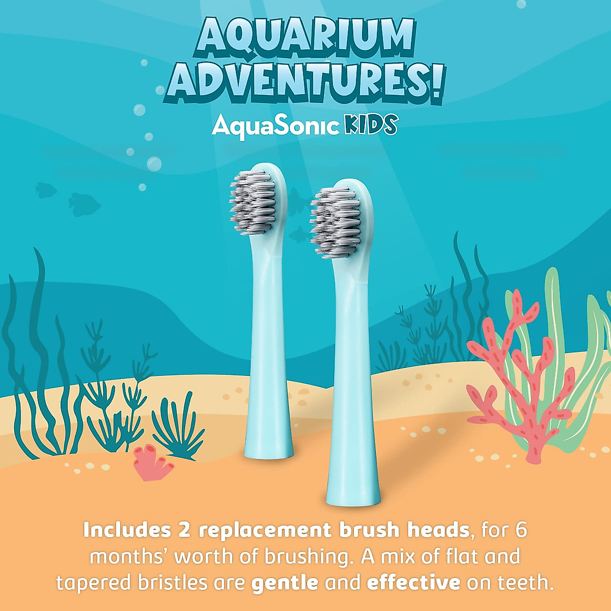 AquaSonic Kids Brush Head Replacement 2-Pack for Aquarium Adventures Sonic Electric Toothbrush for Ages 3 and Up