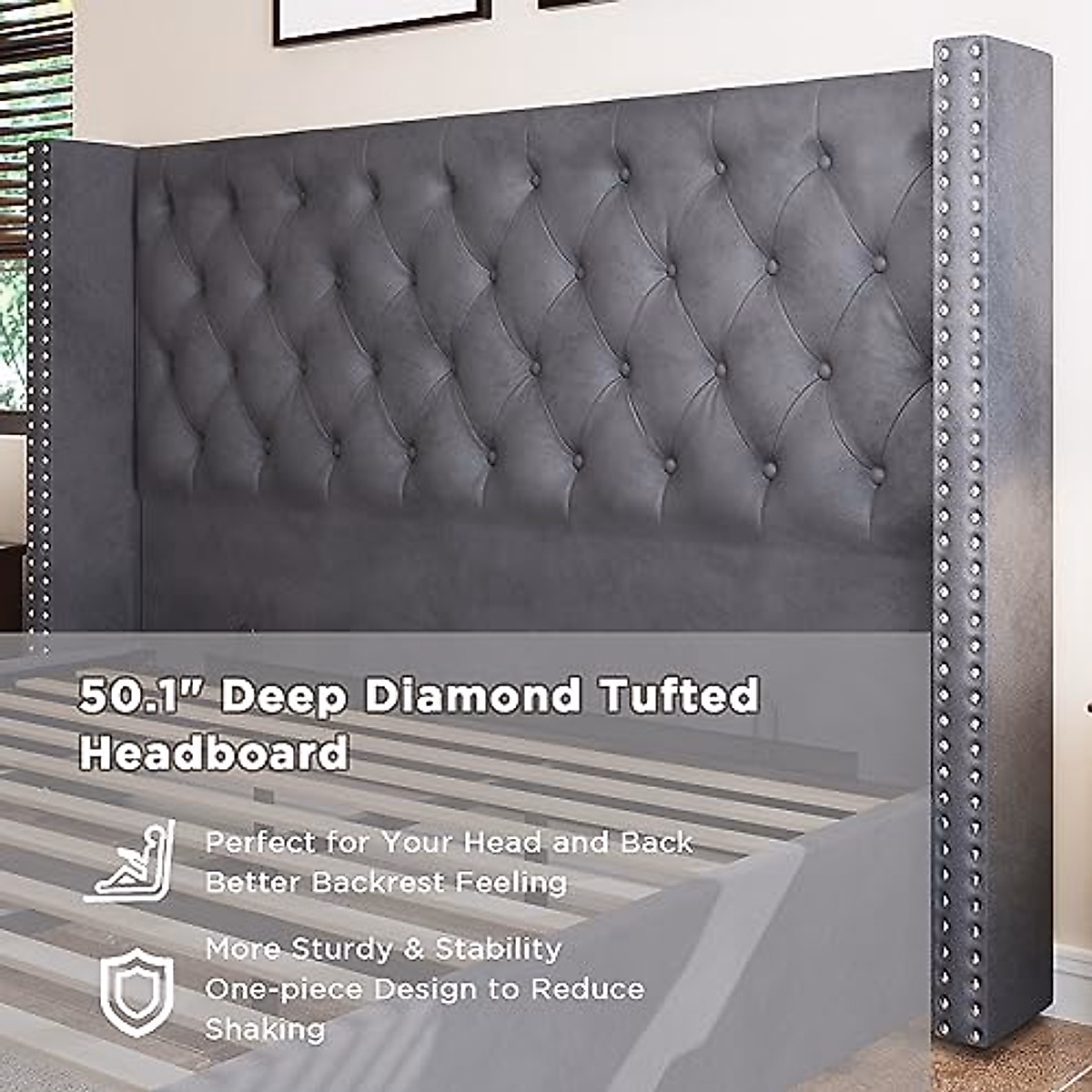 VanAcc Queen Bed Frame Lift Up Storage Bed with Headboard 50" Button Tufted Wingback/Hydraulic Lifting Storage Underneath/Wood Slats/Easy Assembly/Dark Grey