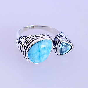 Ravishing Impressions Larimar & Blue Topaz Gemstone 925 Solid Sterling Silver Ring Beautiful Handmade Jewellery Birthday Gift