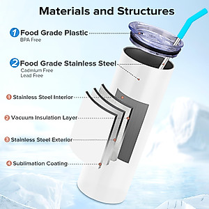 FASTSUB 6 Pack Sublimation Tumblers 20 oz Blank Bulk Luminous Cups Glow in the Dark Straight Stainless Steel Double Wall Vacuum Insulated with Lids and Straws for Tumbler Heat Press Glow Blue