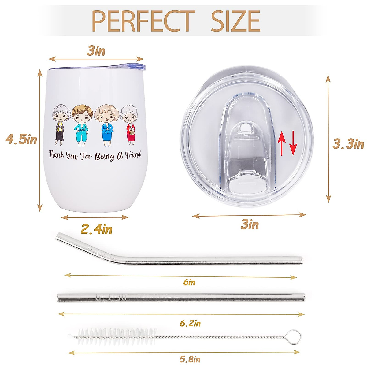 DDDDXO Golden Girls Wine Tumbler, Golden Girls Merchandise, Golden Girls TV Show Gifts, Birthday Gifts for Golden Girls Fans, 12 OZ Stainless Steel Stemless Wine Tumbler with Lid (White)