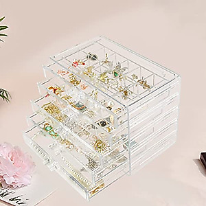 Weiai 90 Grids Adjustable Dividers Acrylic Jewelry Organizer, 5 Drawers Clear Jewelry Box Large Enough to Store Earrings Rings