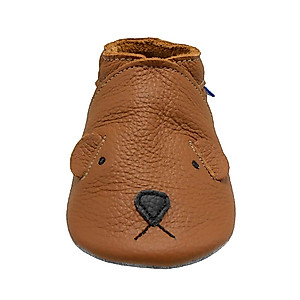 YIHAKIDS Baby Leather Shoes First Walking Moccasins Infants Boys Girls Soft Sole Toddler Crawling Slippers Dog(Brown,6-12 Months,sole length 5.1in)