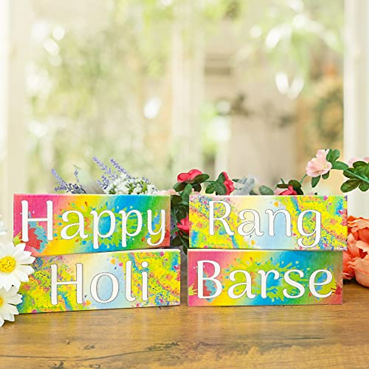 JennyGems Happy Holi Rang Barse Wooden Block Signs, Holi Decorations Party Supplies, Festival of Colors, Set of 4
