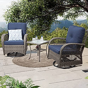 Joyside Patio Bistro Set - 3-Piece Patio Wicker Swivel Rocking Chair Set, Outdoor Patio Furniture Chair with Side Coffee Table & Durable Fabric Cushion(Brown/Blue)
