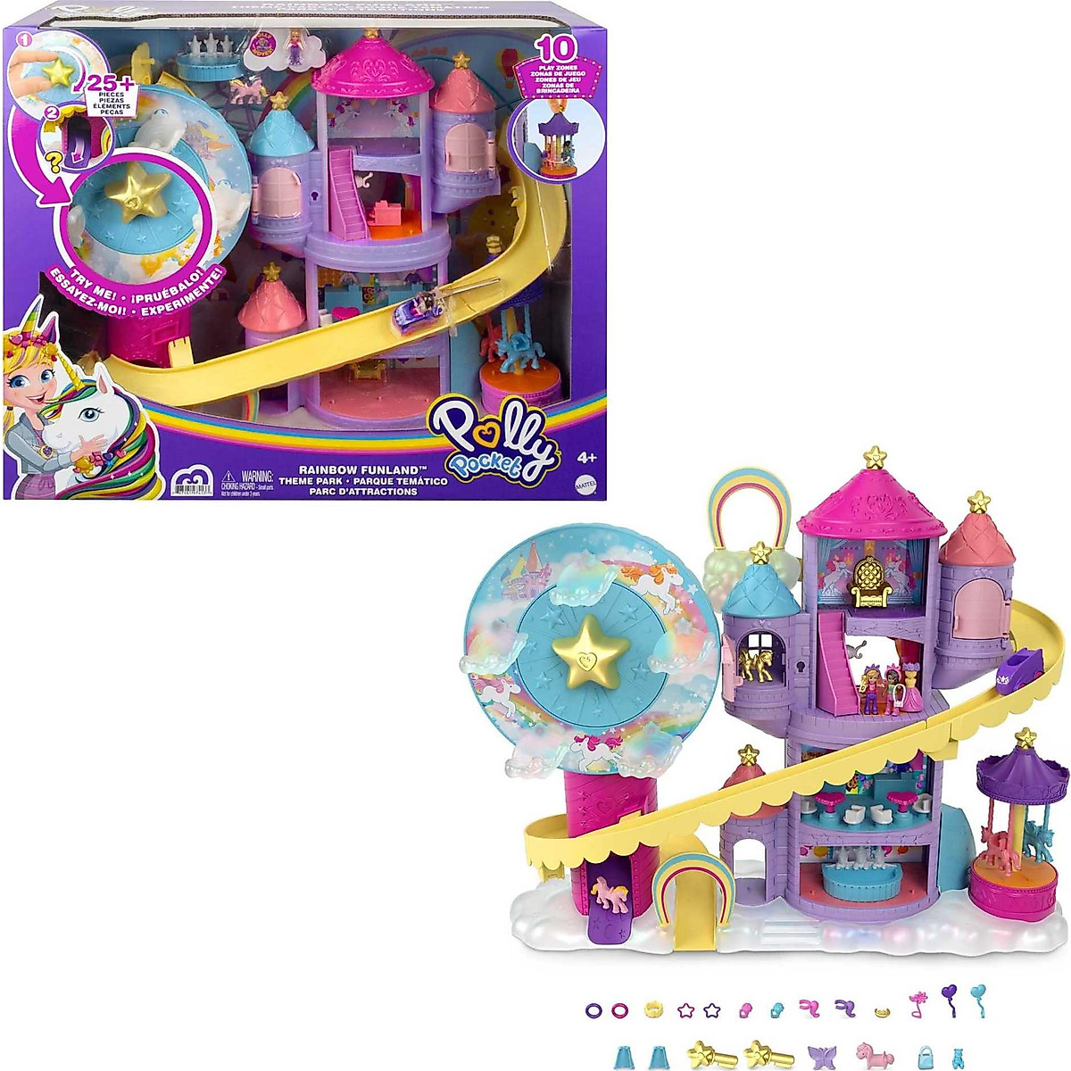 Polly Pocket Dolls & Playset, Rainbow Funland Theme Park with 2 Unicorns, Polly & Shani Micro Dolls, 25 Surprise Accessories