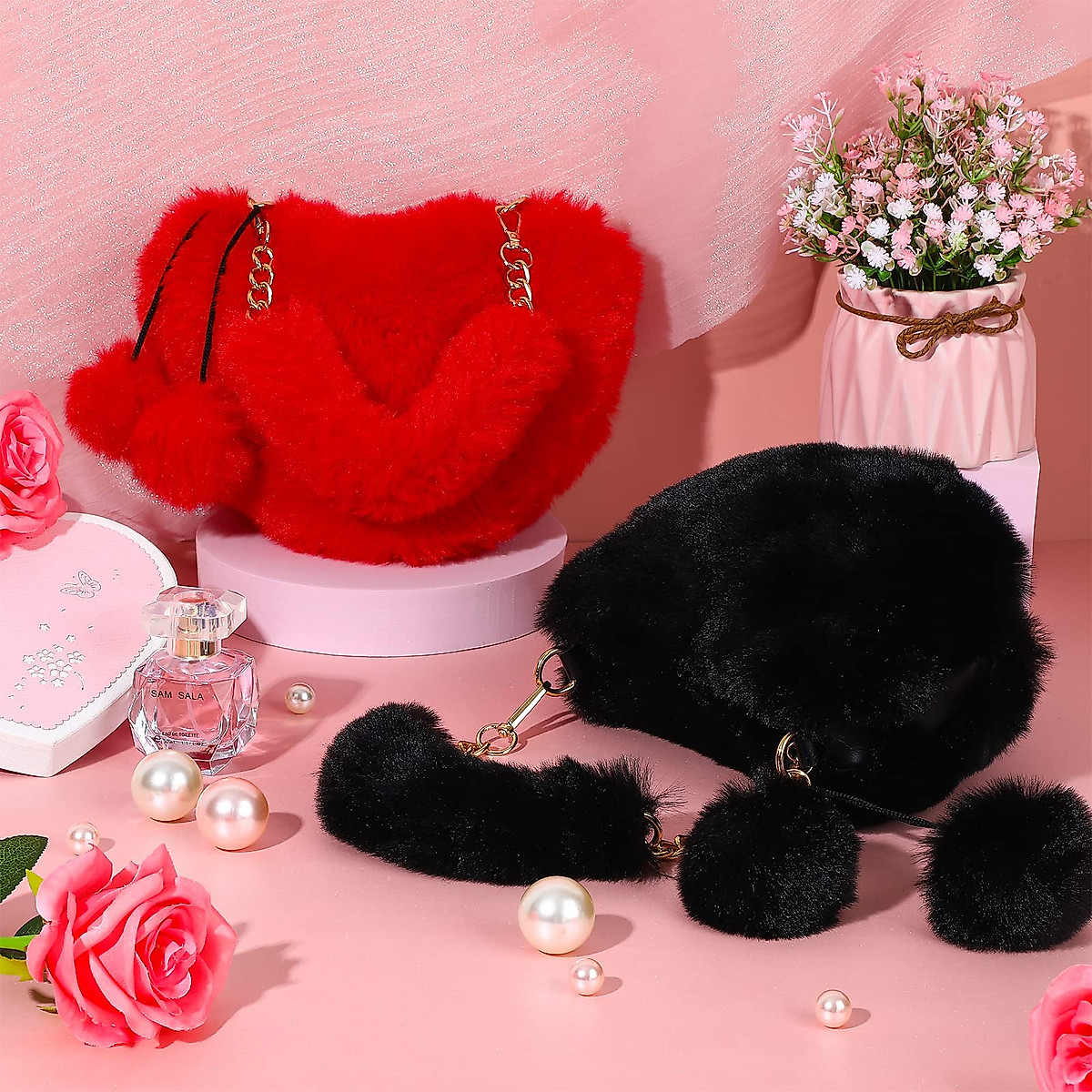 Saintrygo 2 Pcs Valentines Day Furry Purse Heart Shaped Purse Women Soft Fluffy Faux Fur Handbag Gift for Christmas(Red, Black)