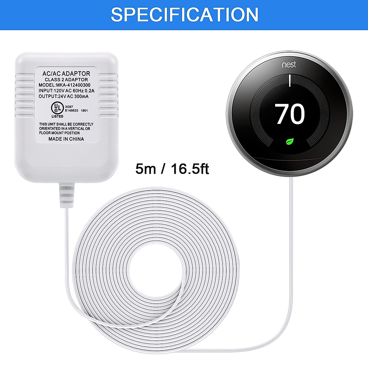 Hotop 2 Pack 24 Volt Transformer, 16.4FT Long C Wire Adapter Thermostats for Most Versions of Smart Thermostat and Ring Doorbell, Compatible with Nest Ecobee Sensi and Nest Skybell Eufy Wyze
