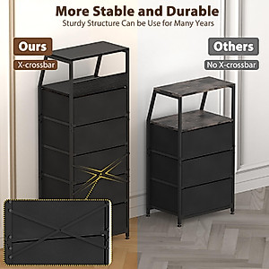 OGEMXU 5 Drawers Dresser for Bedroom, Nightstand with Drawers, Tall Dresser with Fabric Drawers, 2-Tier Wood Top Storage and Organization, Chest of Drawer for Small Space, Bedroom, Apartment, Black